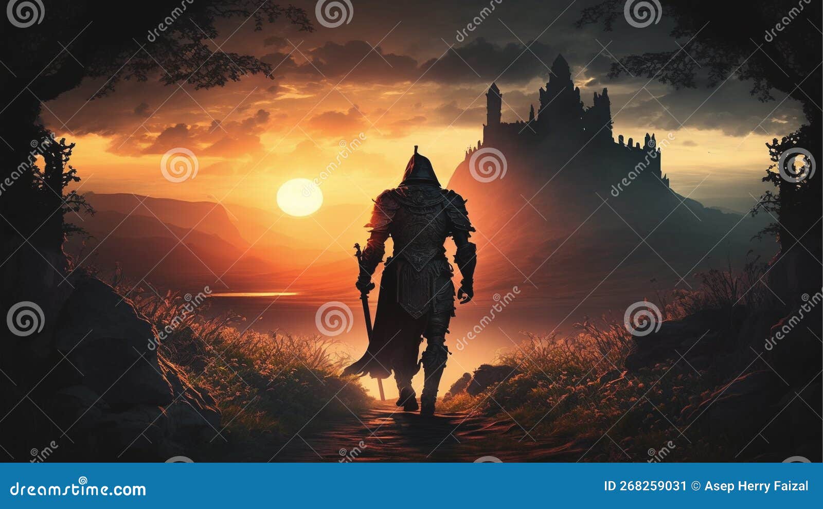 Fantasy Knight in Front of Castle Stock Illustration - Illustration of ...