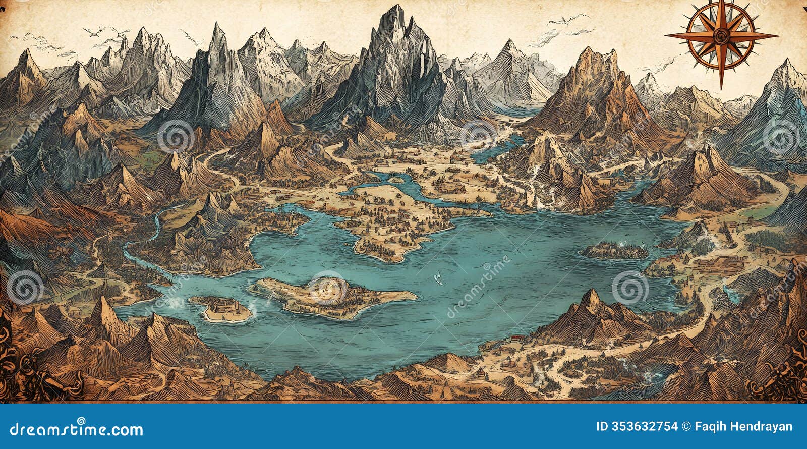 Fantasy Lake & Mountain Map: Adventure Awaits Stock Illustration ...