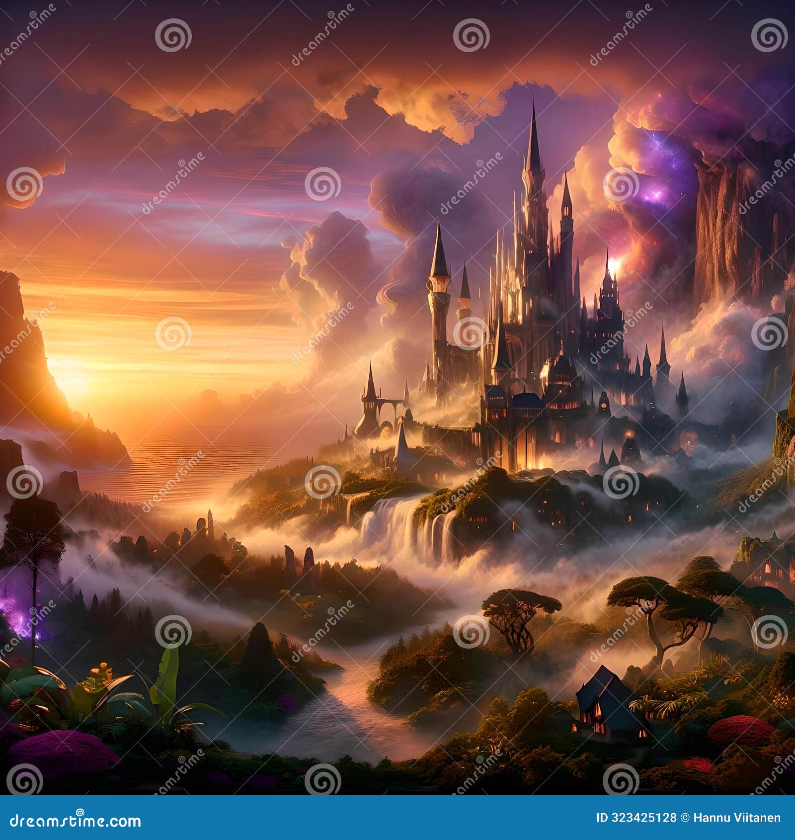 Fantasy Land Scenery Landscape in Beautiful Sunset Stock Illustration ...