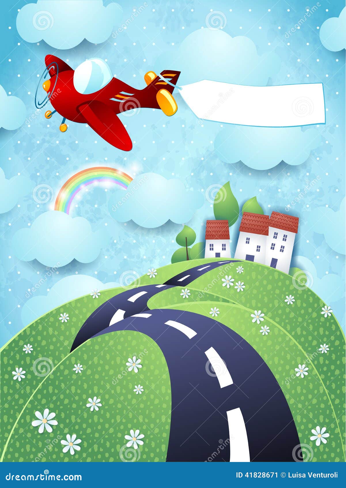 Fantasy Landscape with Airplane and Blank Banner Stock Illustration ...