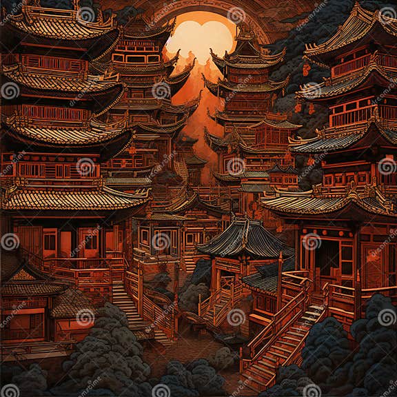 Fantasy Landscape of Ancient Chinese Town with Wooden Houses, Clouds ... Fantasy Landscape of Ancient Chinese Town with Wooden Houses, Clouds ...