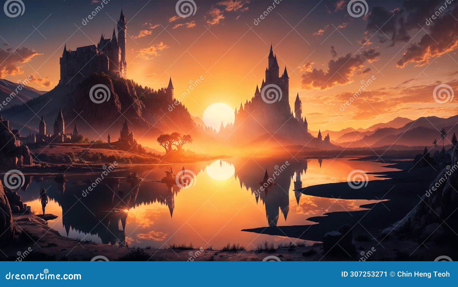 Fantasy Landscape with Ancient Temples and Lake at Sunset Stock ...