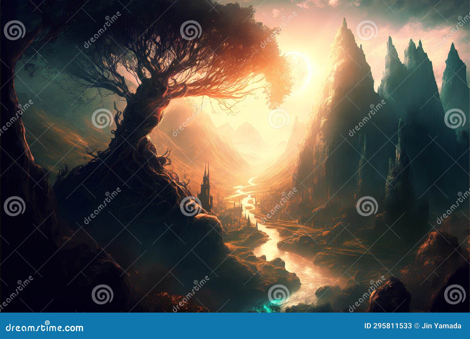 Fantasy Landscape with Ancient Tree in the Forest. 3d Rendering Stock ...