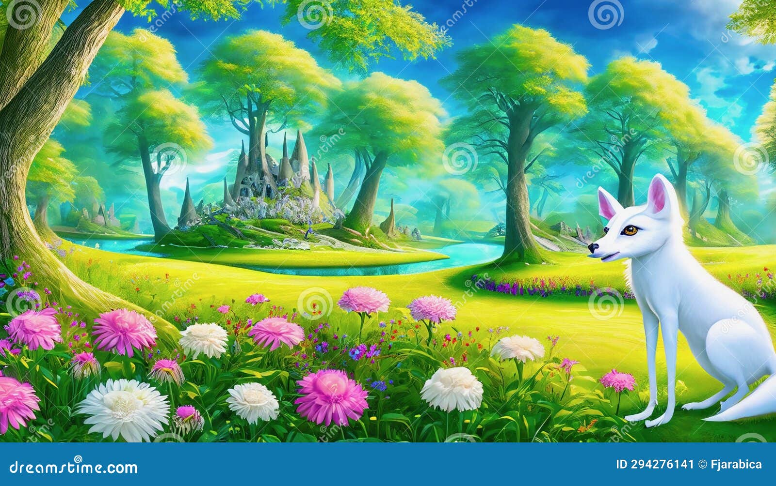Fantasy Landscape with Animals and a Meadow Stock Illustration ...