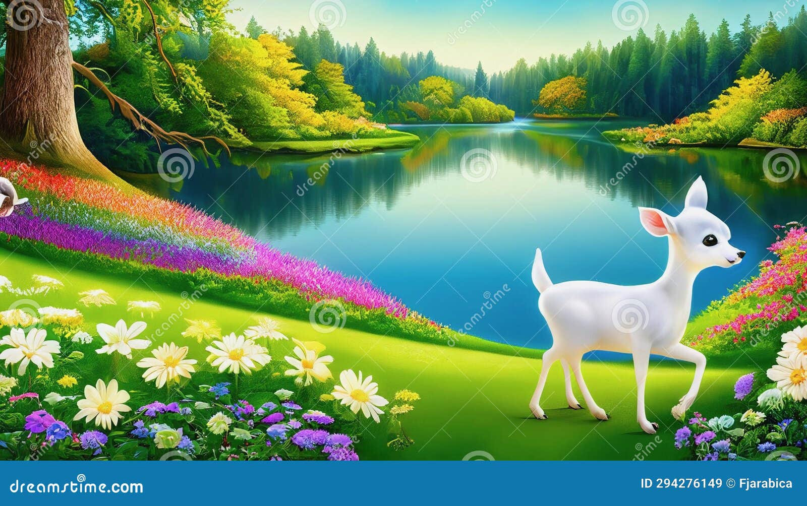 Fantasy Landscape with Animals and a Meadow Stock Illustration ...