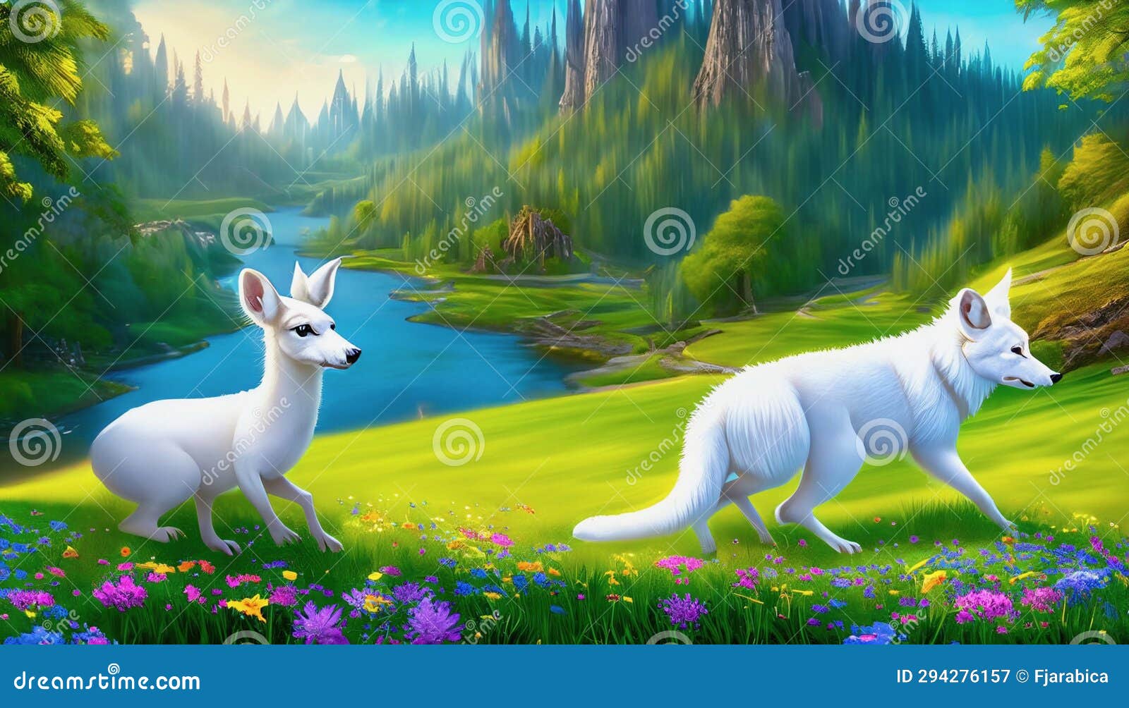 Fantasy Landscape with Animals and a Meadow Stock Illustration ...
