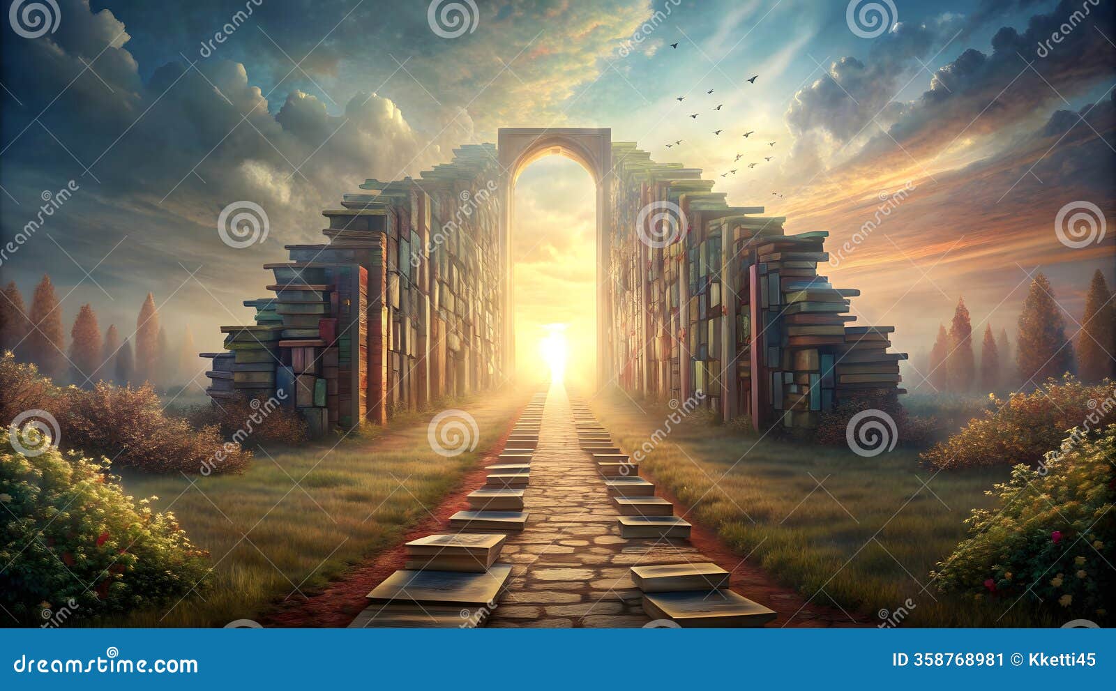 Fantasy Landscape with Archway, Path of Books and Sun Rays Stock ...