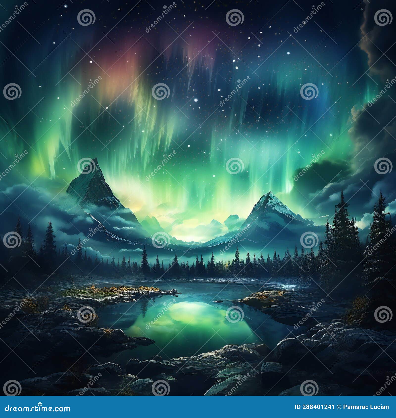 Fantasy Landscape with Aurora Borealis, Northern Lights and Mountains ...