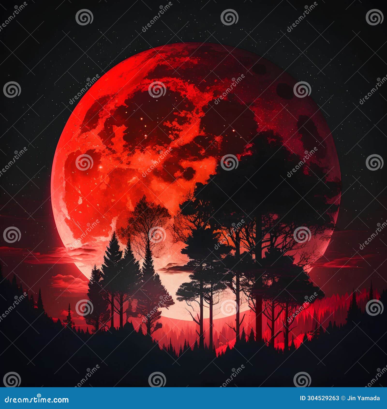 Fantasy Landscape with Big Red Full Moon and Silhouettes of Forest ...