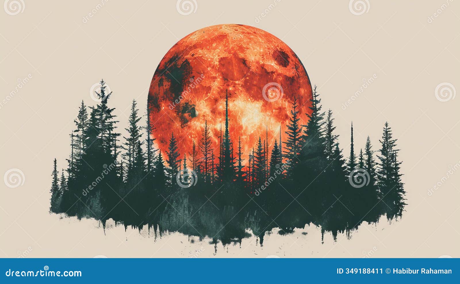 Fantasy Landscape with Big Red Moon in the Forest Illustration Stock ...