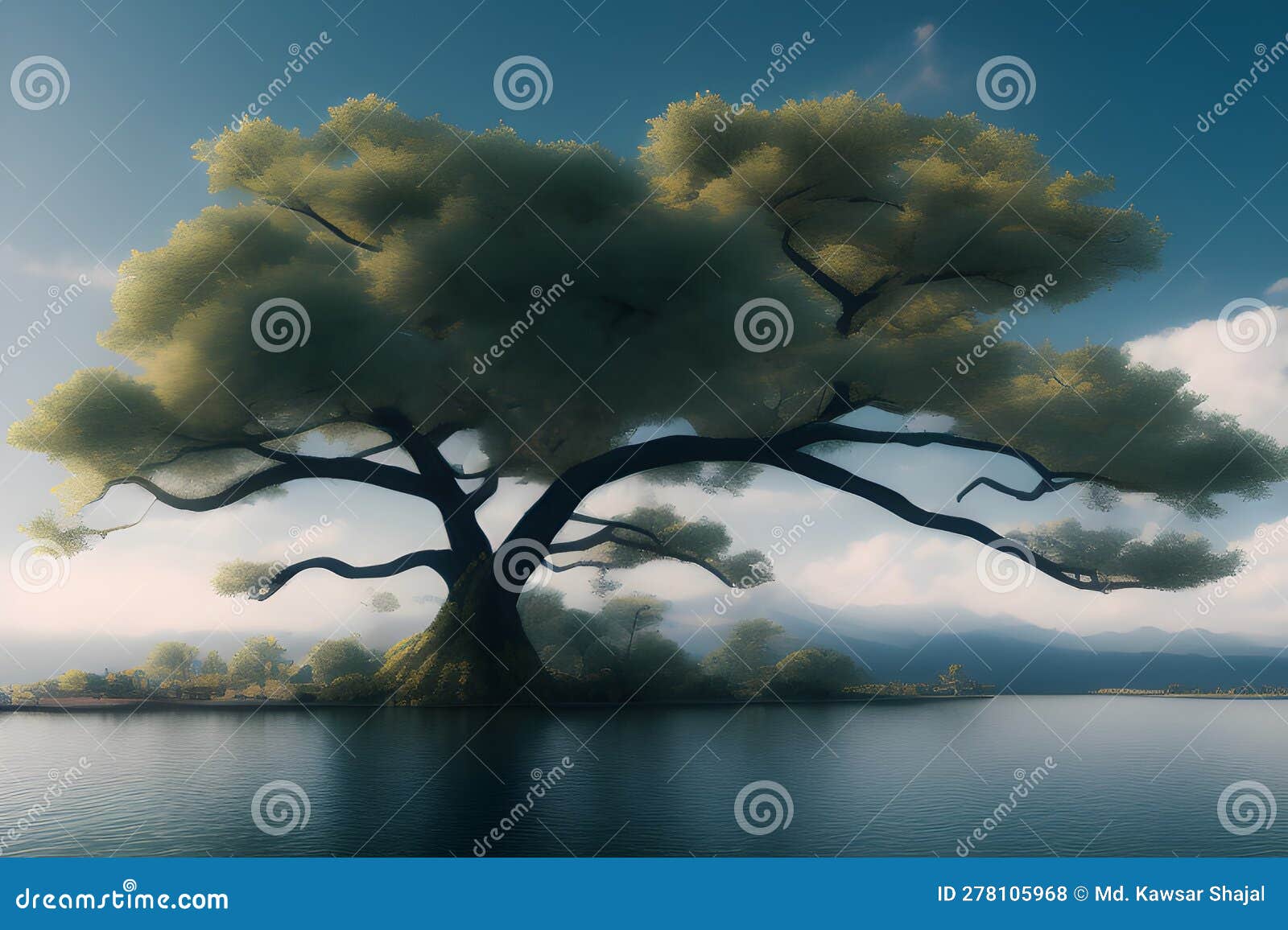 Fantasy Landscape with a Big Tree on the Lake. 3d Render Stock ...