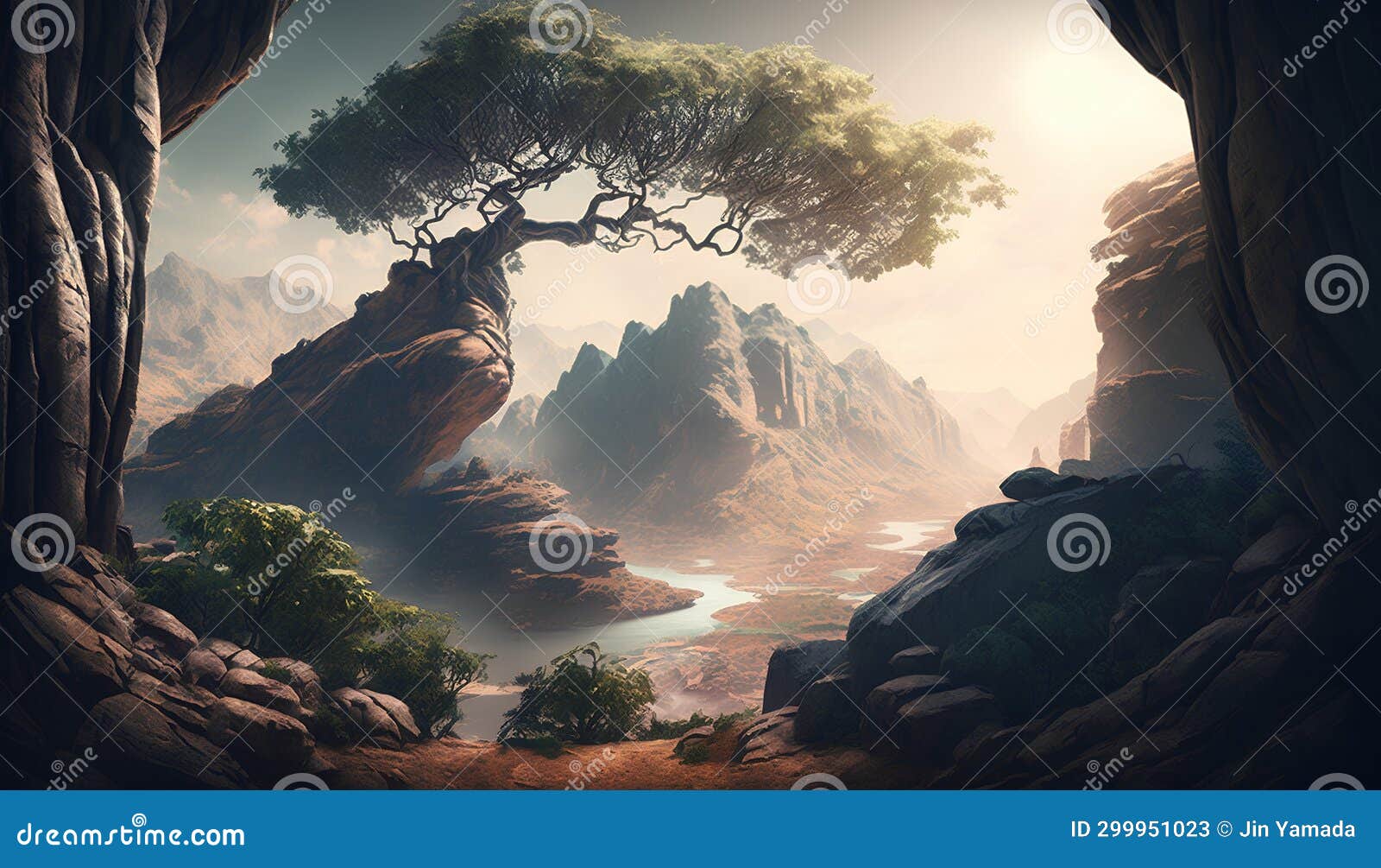 Fantasy Landscape with Big Tree and Lake. 3D Rendering Stock ...