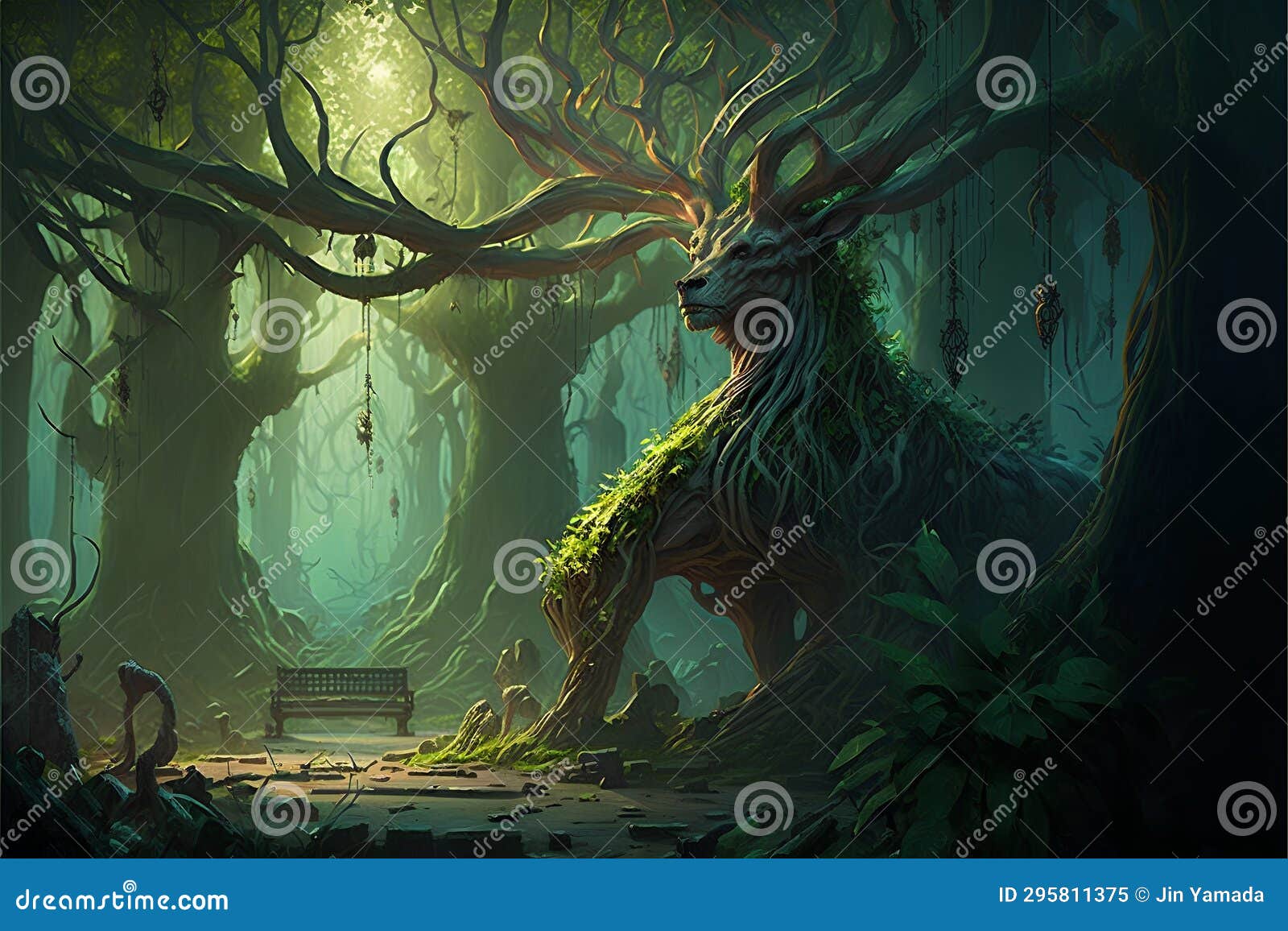 Fantasy Landscape with Big Tree and Monster in the Forest. Vector ...