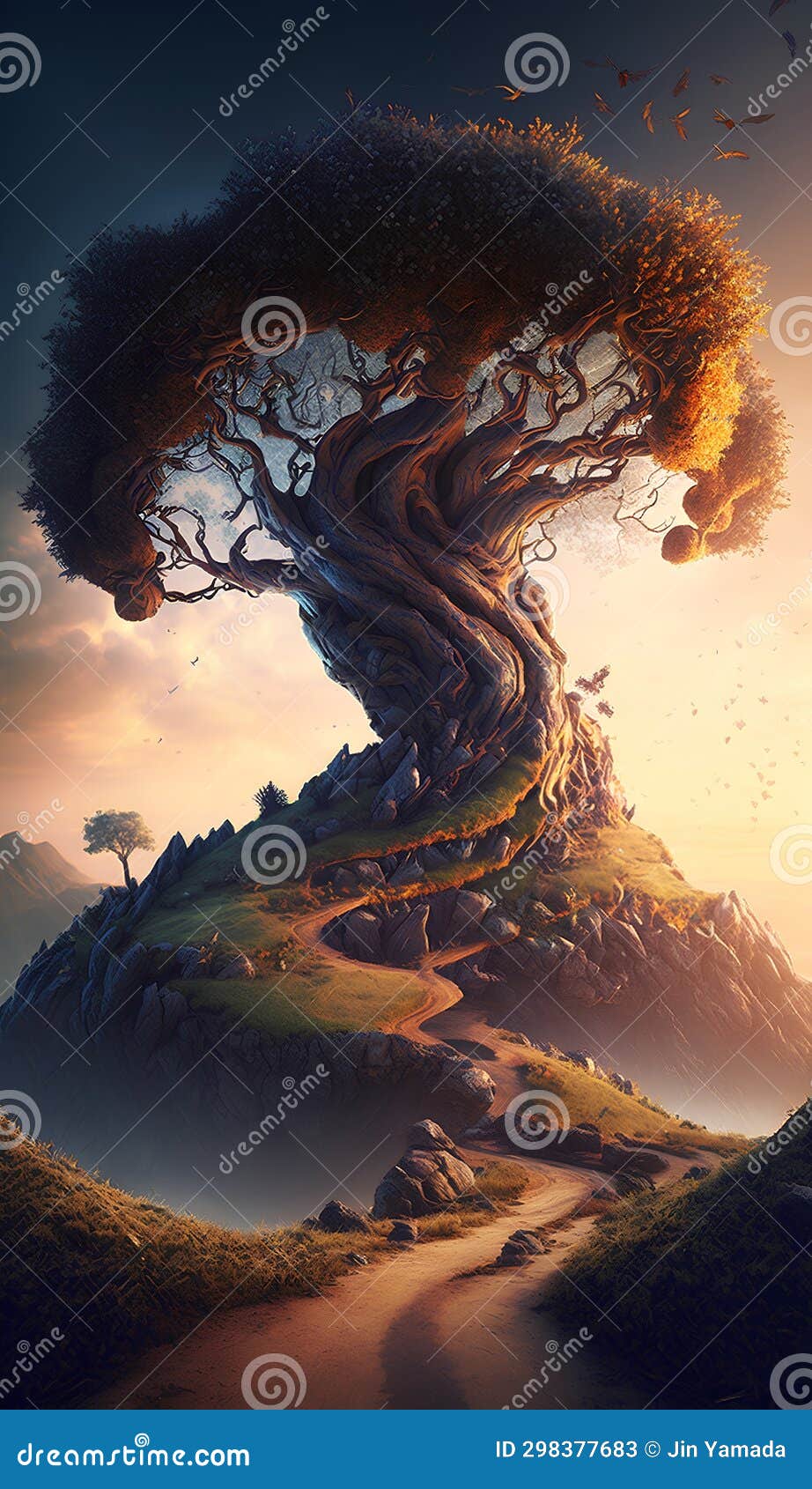 Fantasy Landscape with a Big Tree in the Shape of a Mountain Stock ...