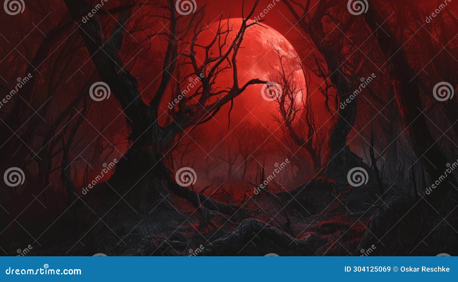 Fantasy Landscape with Blood Moon in the Forest Stock Illustration ...