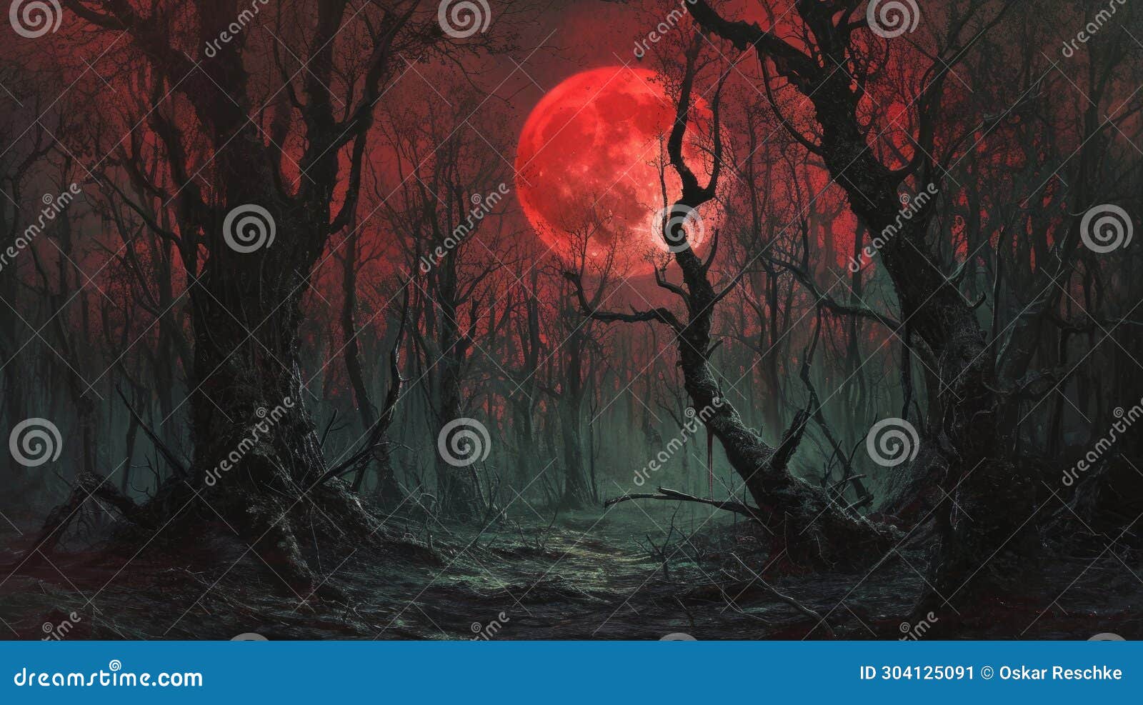 Fantasy Landscape with Blood Moon in the Forest Stock Illustration ...