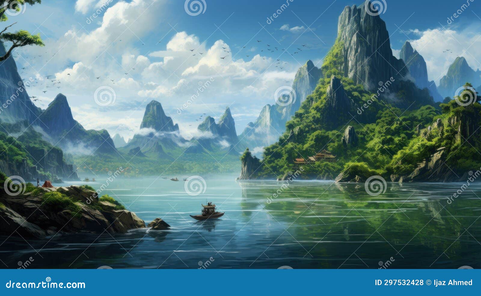 Fantasy Landscape with a Boat on the River and Mountains in the ...
