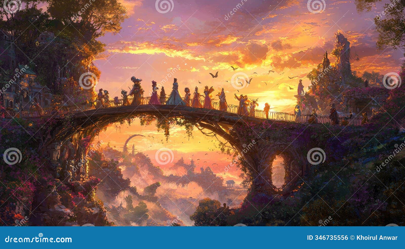 Fantasy Landscape with Bridge People Sunset Dragons and Birds Stock ...