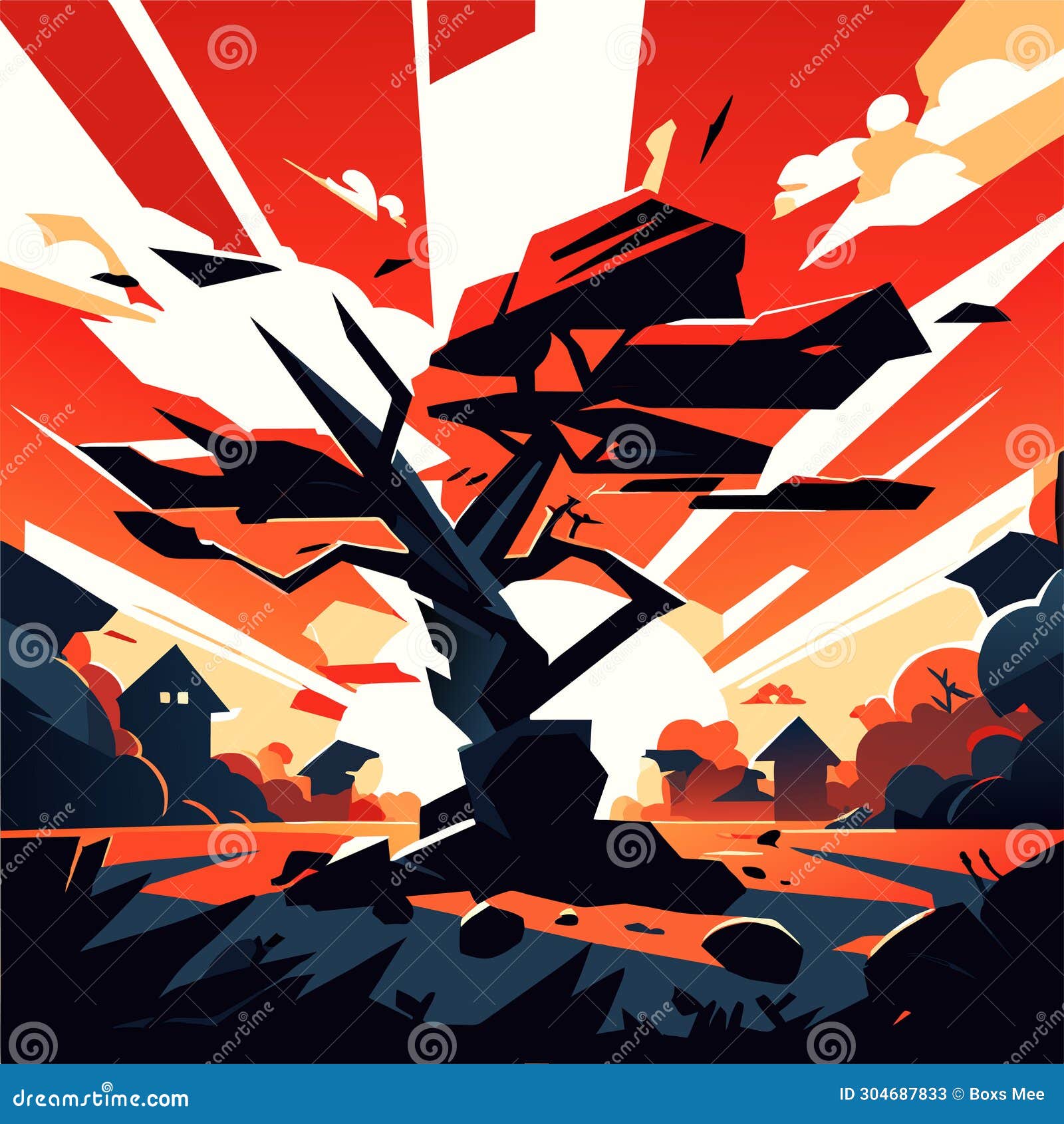 Fantasy Landscape with a Broken Tree. Vector Illustration in a Flat ...