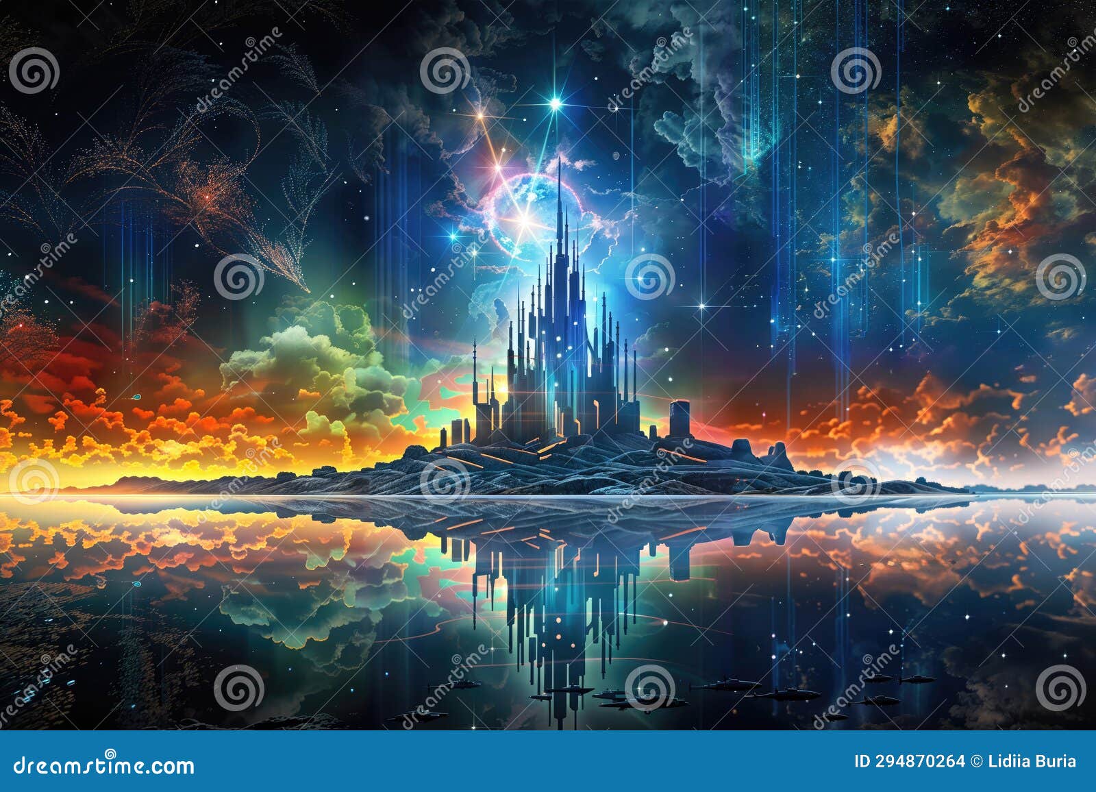 Fantasy Landscape with Fantasy Buildings and Magic Firework in the Sky ...