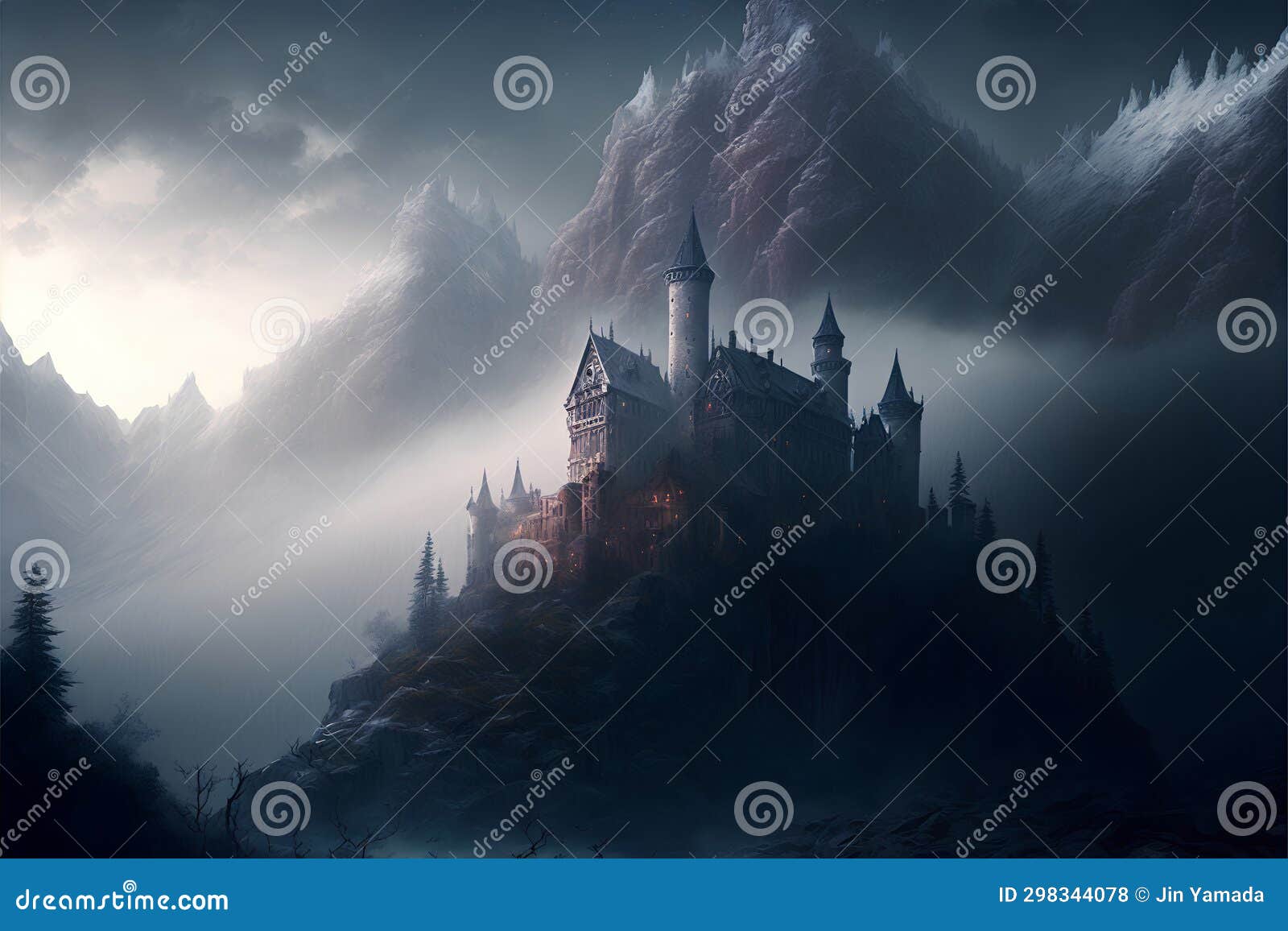 Fantasy Landscape with Castle in the Fog. 3D Illustration Stock ...