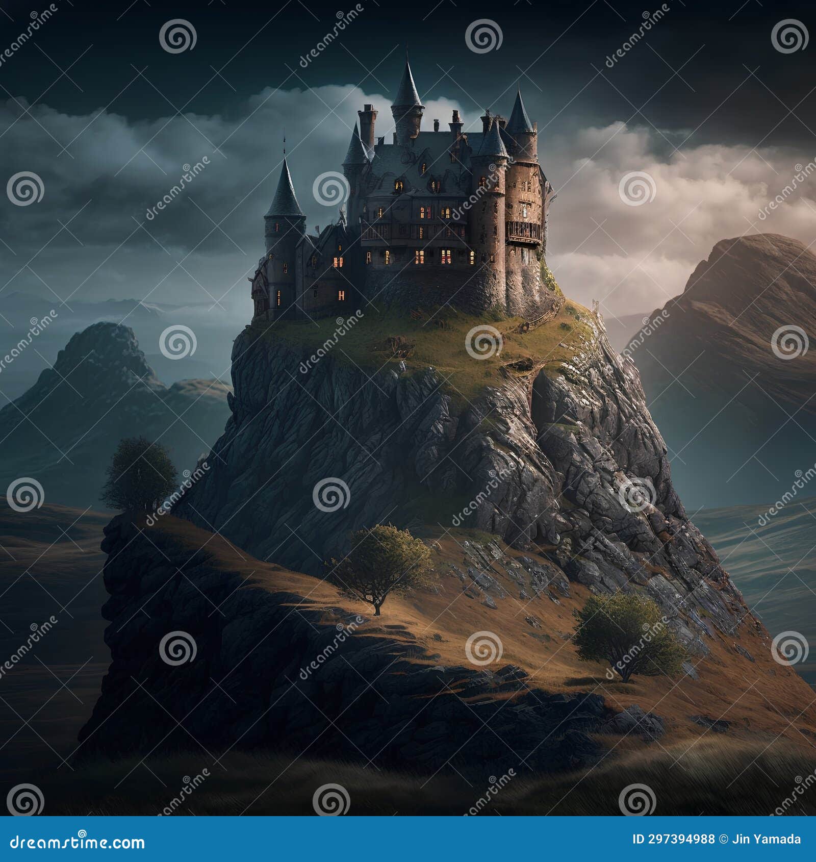 Fantasy Landscape with Castle on the Hill. 3D Render Stock Illustration ...