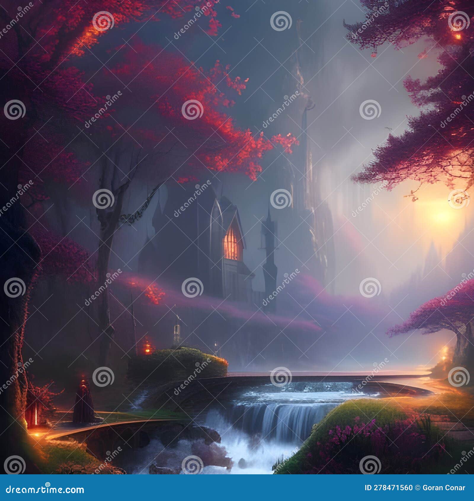 Fantasy Landscape with Castle and a River Stock Illustration ...