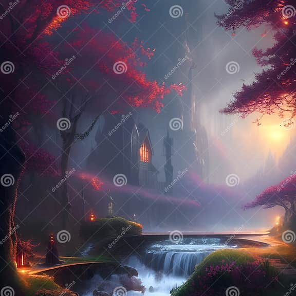 Fantasy Landscape with Castle and a River Stock Illustration ...