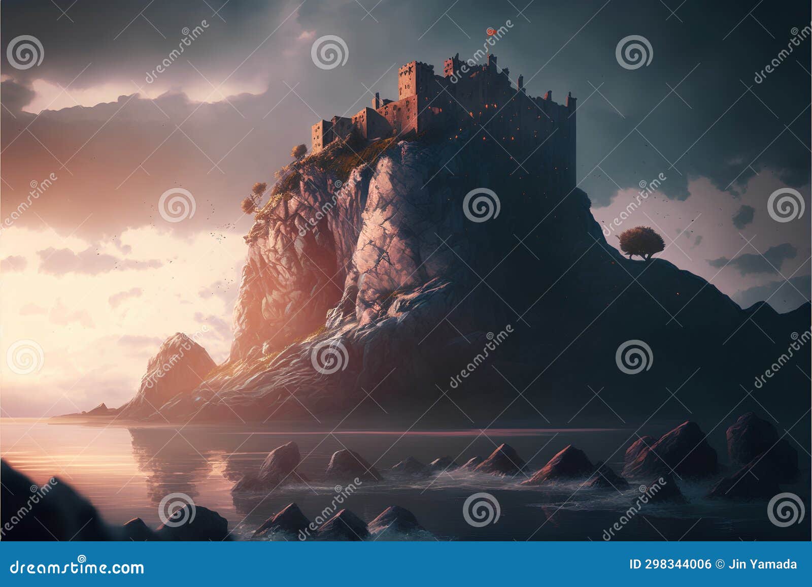 Fantasy Landscape with a Castle in the Sea. 3d Rendering Stock ...