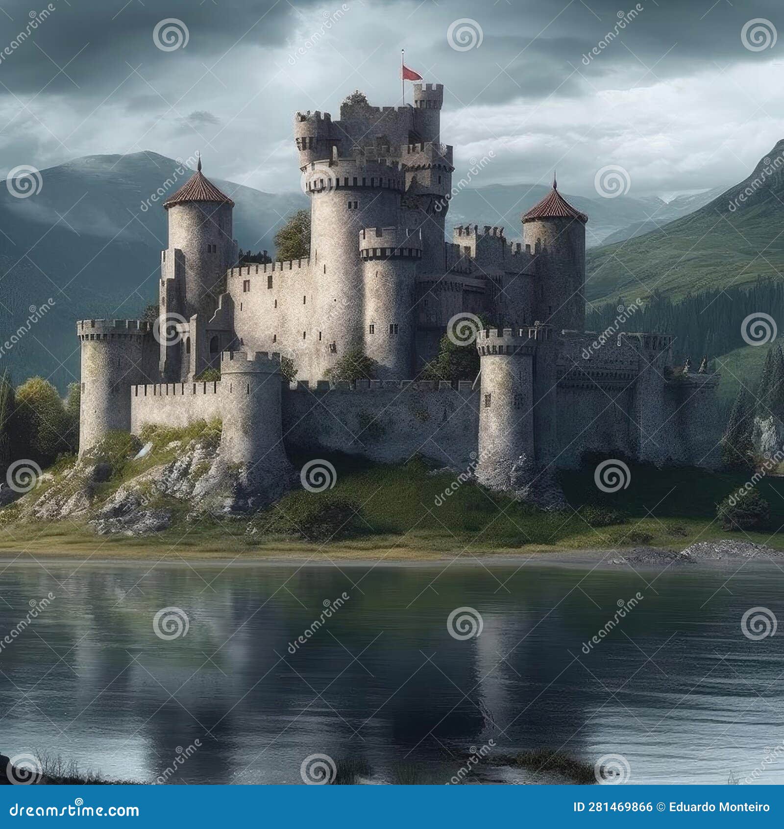 Fantasy Landscape with a Castle on the Shore of the Lake Stock Photo ...