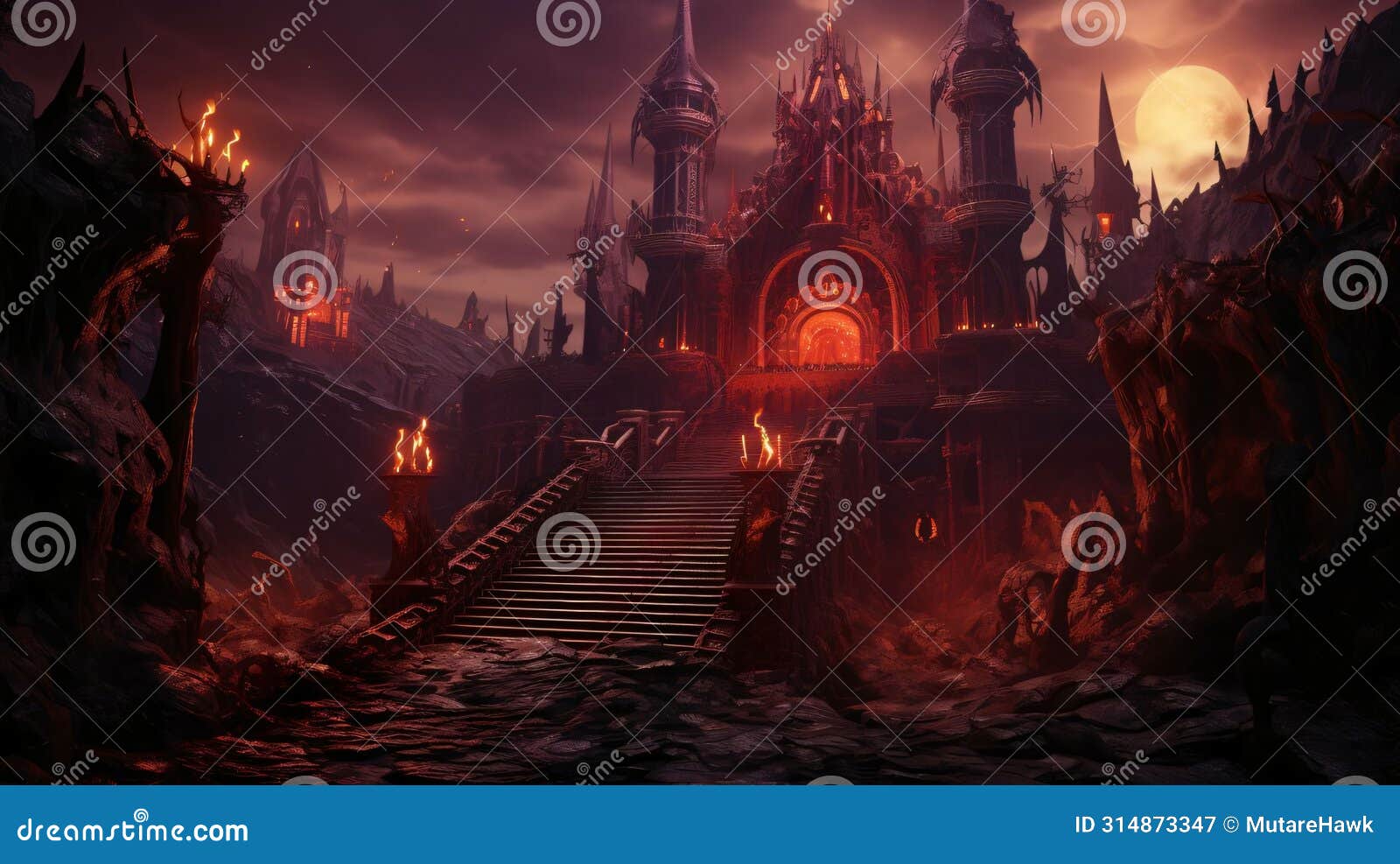 Fantasy Landscape with Castle, Stairs and Fire. 3D Rendering Stock ...