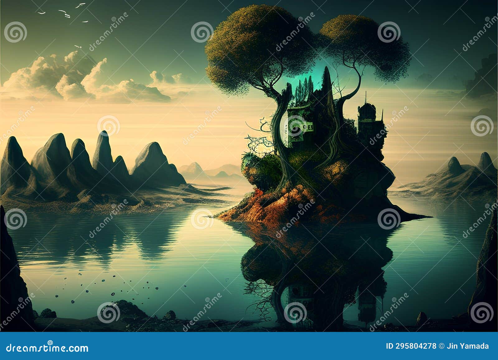 Fantasy Landscape with a Castle and a Tree in the Water. Stock ...