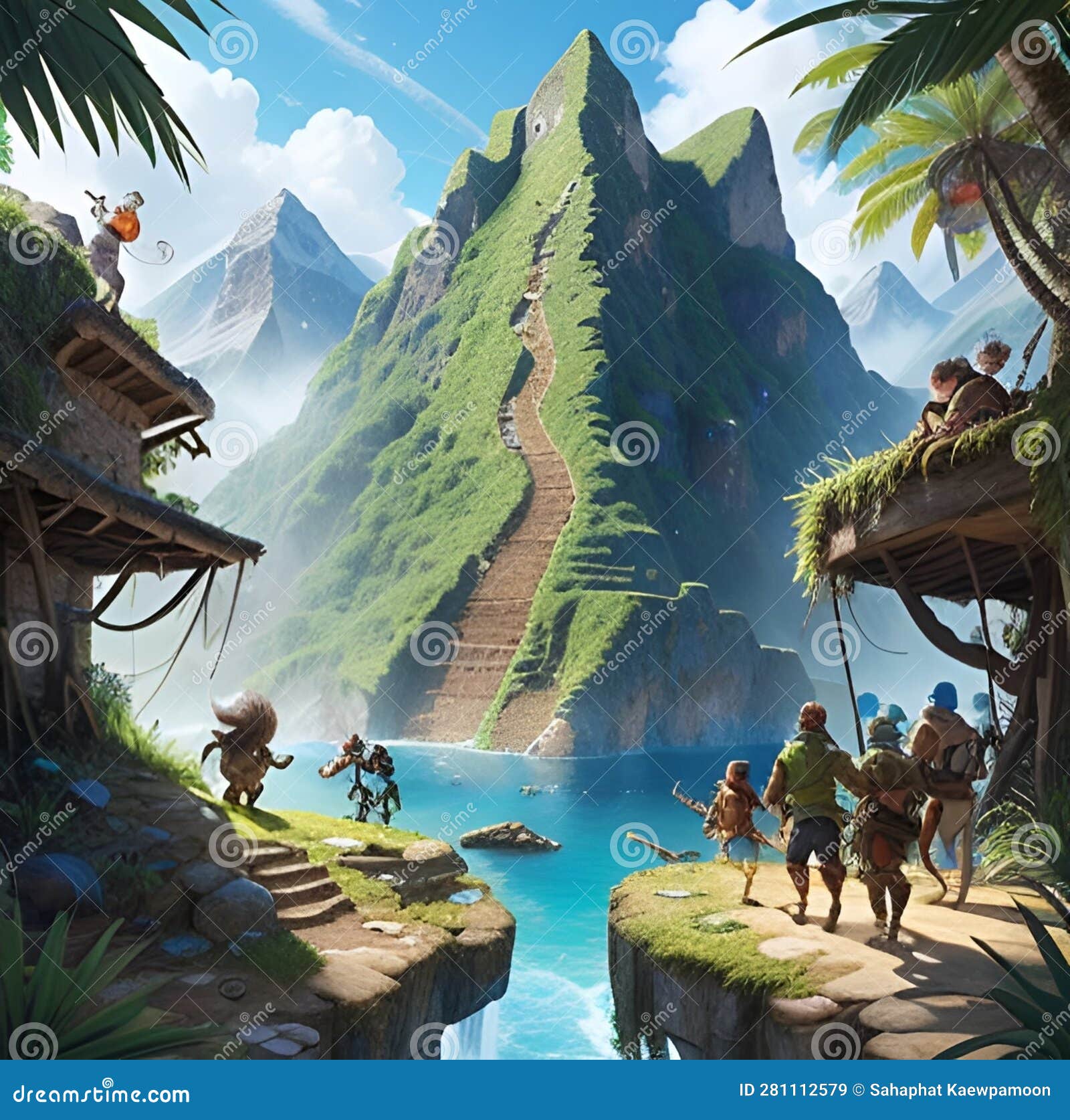 Fantasy Landscape with Caveman. 3D Illustration. Fantasy World Stock ...