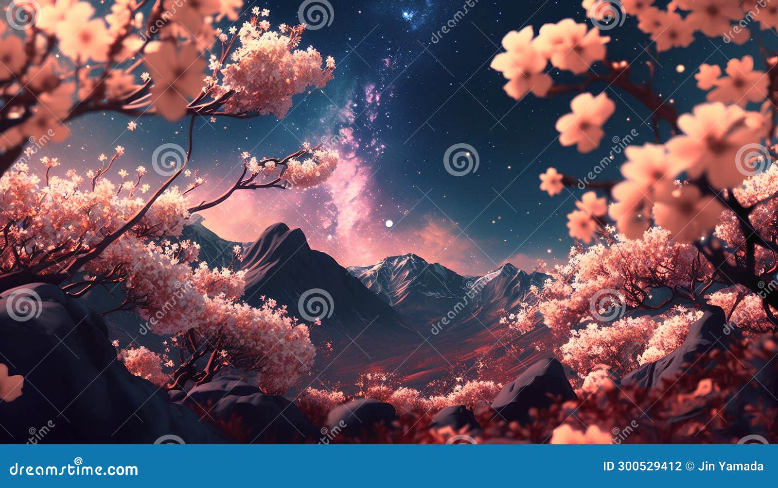 Fantasy Landscape with Cherry Blossom and Mountains. 3d Render Stock ...