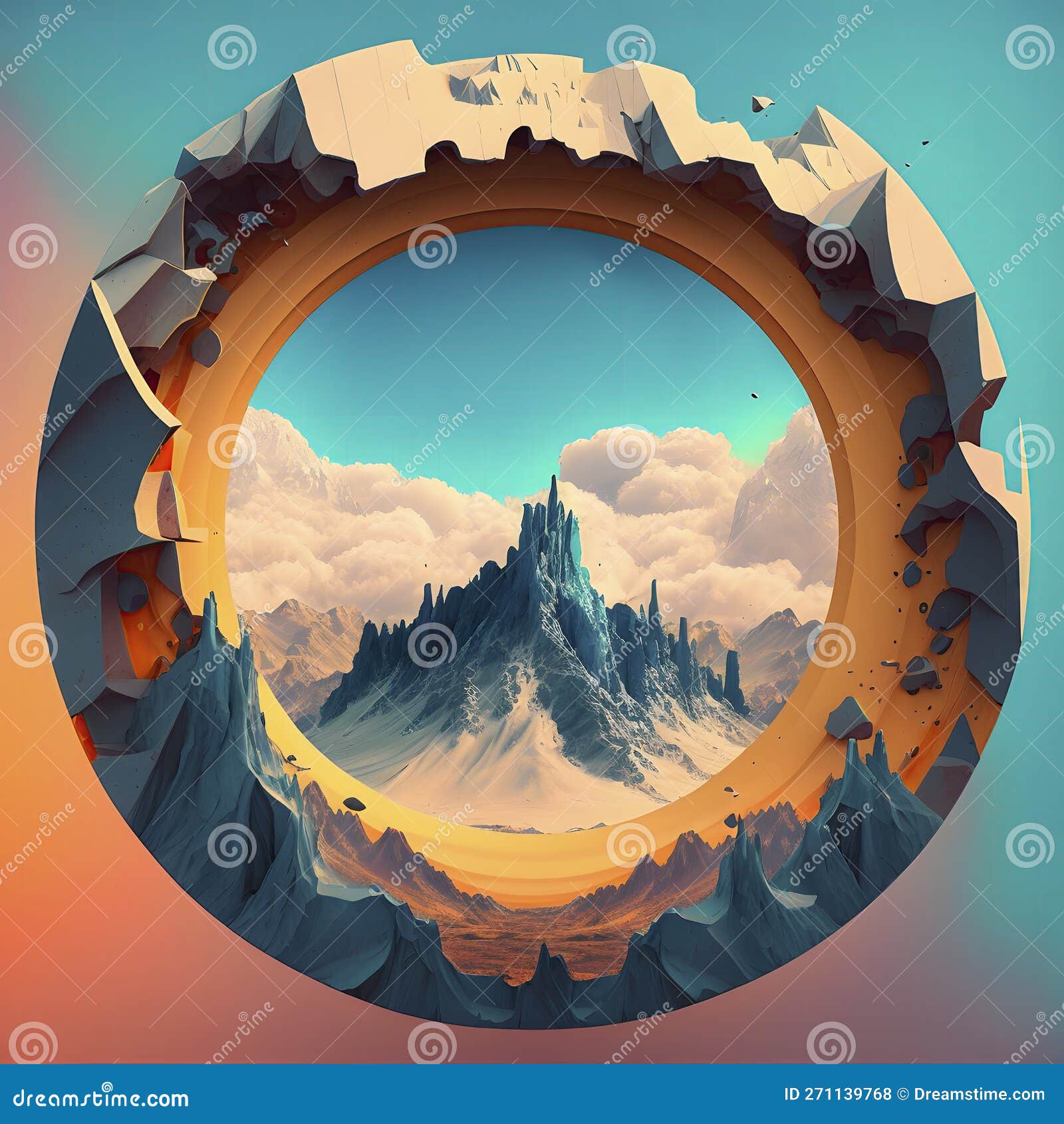 Fantasy Landscape with Circular Portal and Mountains Stock Illustration ...