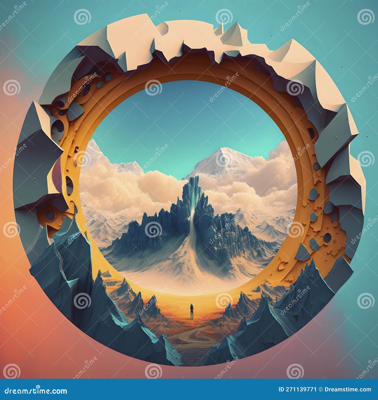 Fantasy Landscape with Circular Portal and Mountains Stock Illustration ...