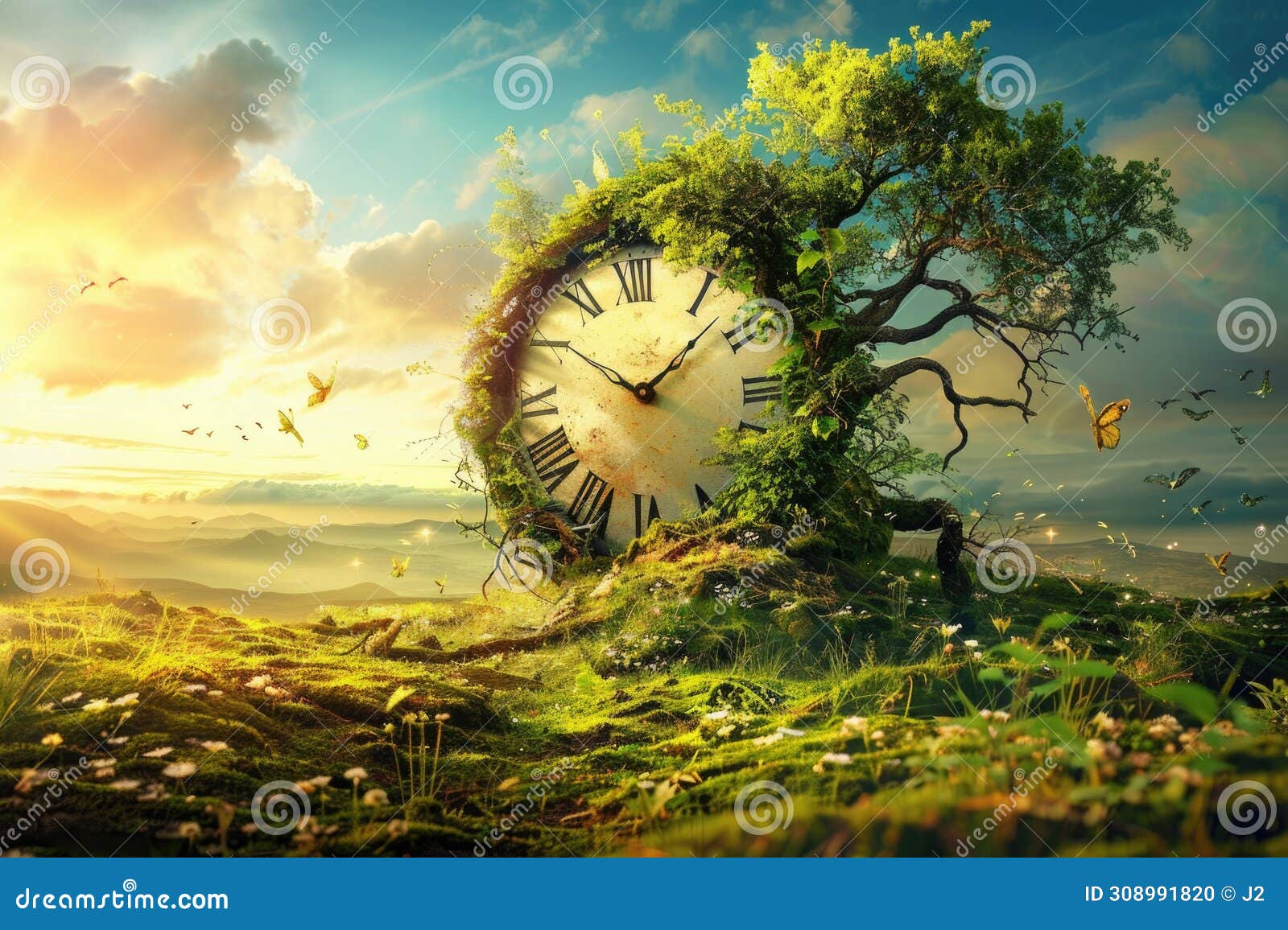 Fantasy Landscape with a Clock Embedded in a Tree, Merging Concepts of ...