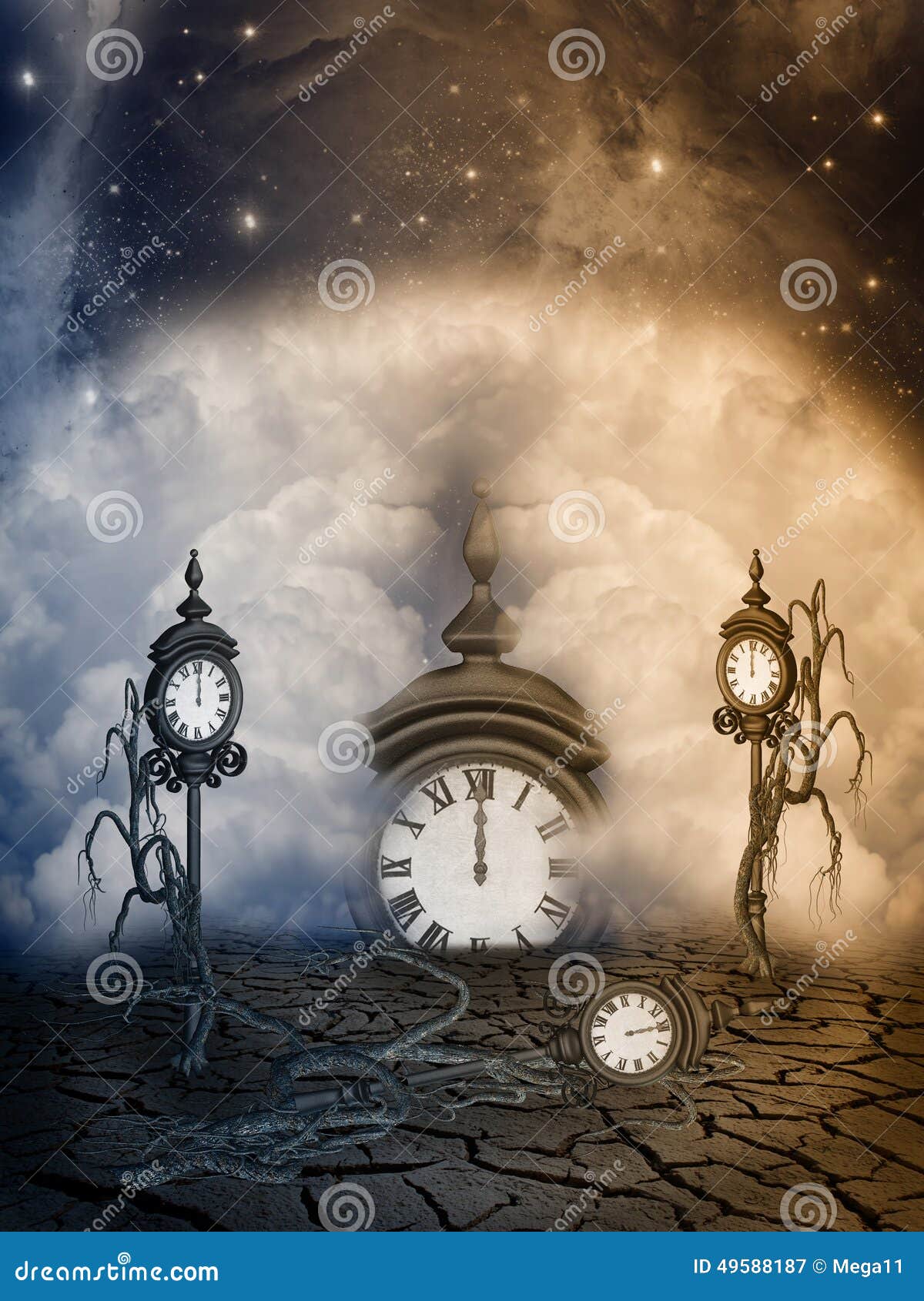 Fantasy landscape stock illustration. Illustration of clock - 49588187