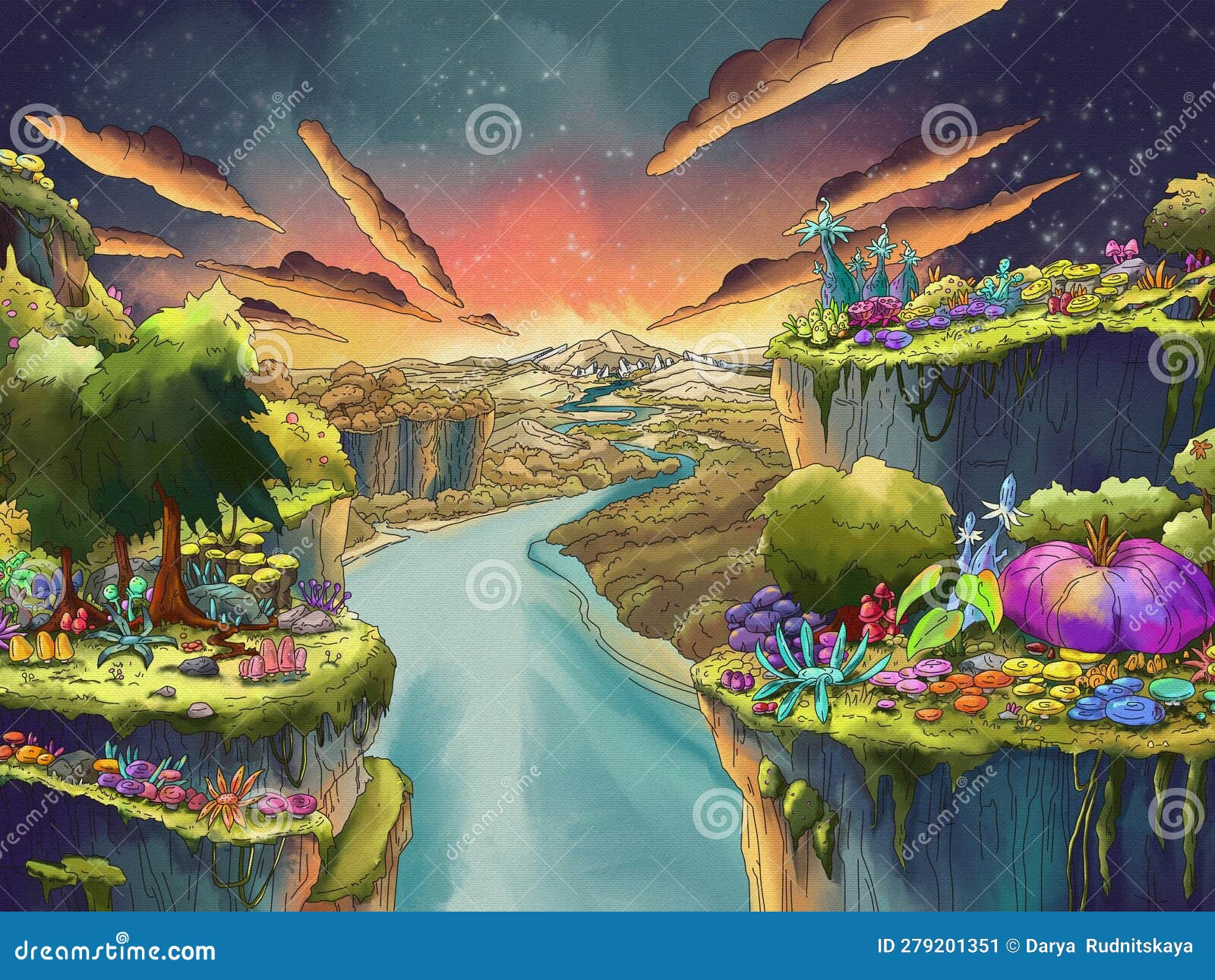 Fantasy landscape comic stock illustration. Illustration of poster ...