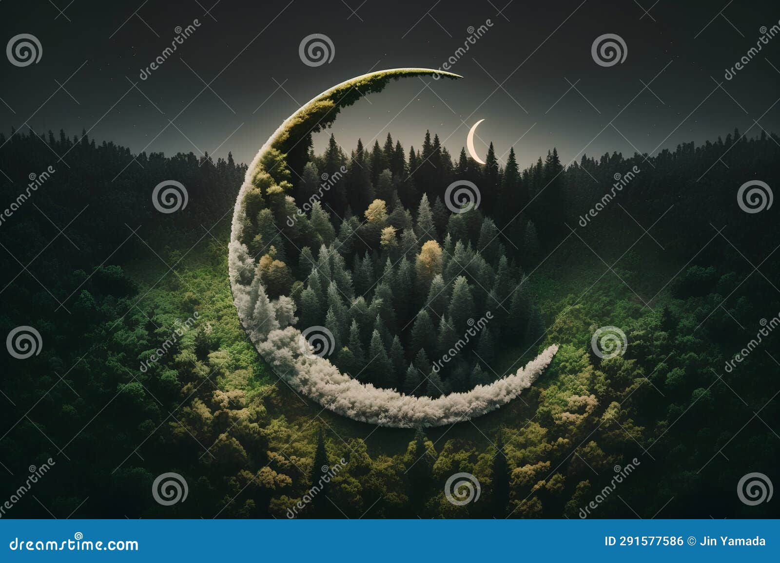 Fantasy Landscape with Crescent Moon in the Forest. 3d Rendering Stock ...