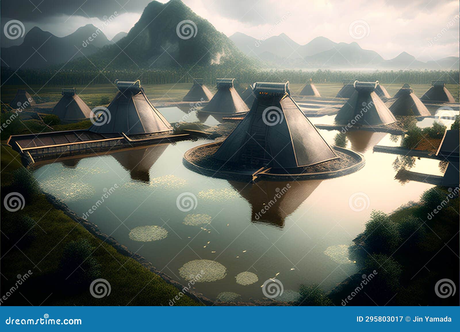 Fantasy Landscape with Dam and Mountains in the Mist. 3d Rendering ...