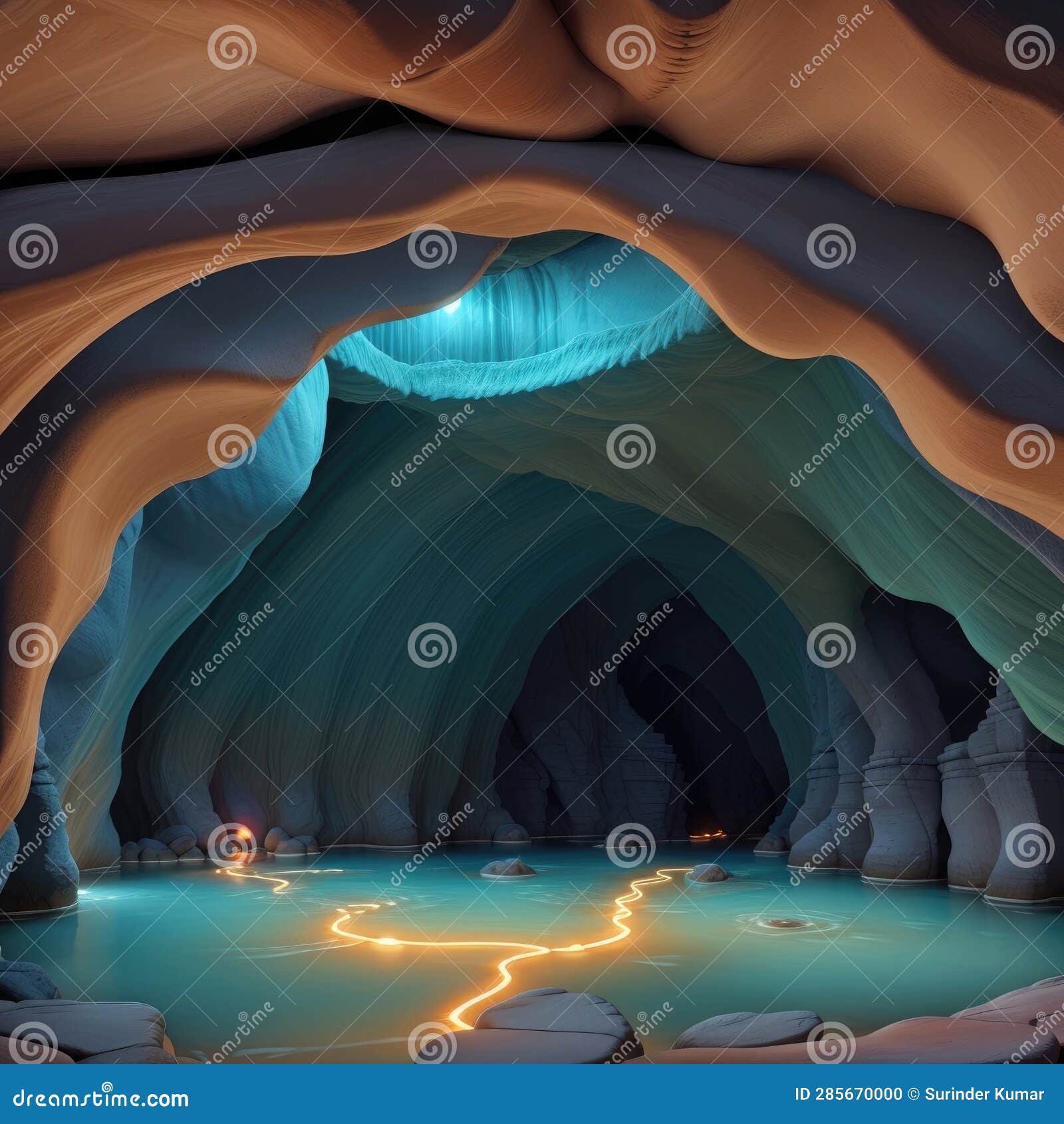 Fantasy Landscape with Dark Cave. 3D Rendering. Computer Digital ...