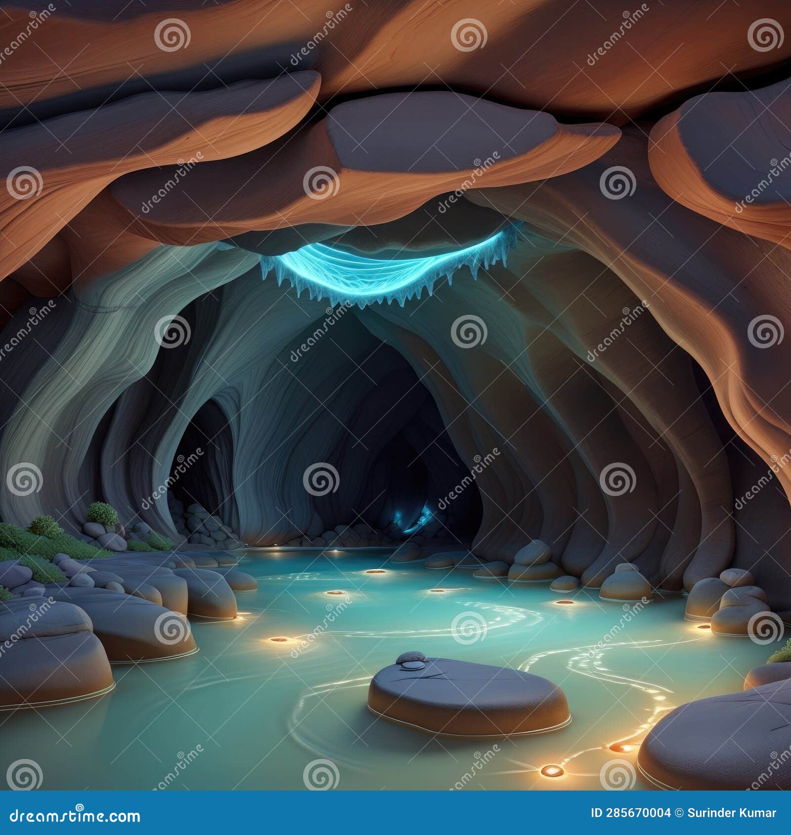 Fantasy Landscape with Dark Cave. 3D Rendering. Computer Digital ...
