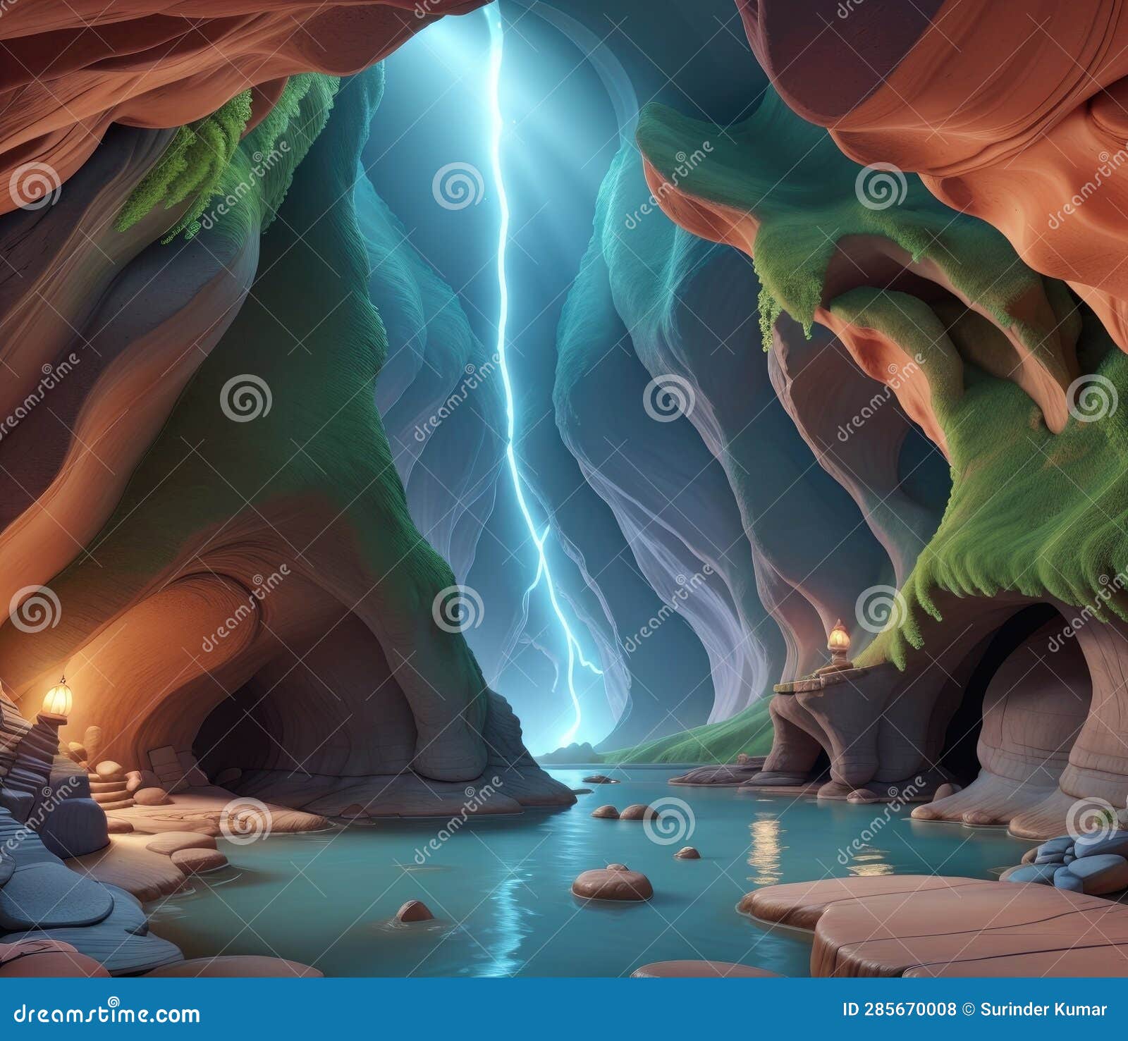 Fantasy Landscape with Dark Cave. 3D Rendering. Computer Digital ...