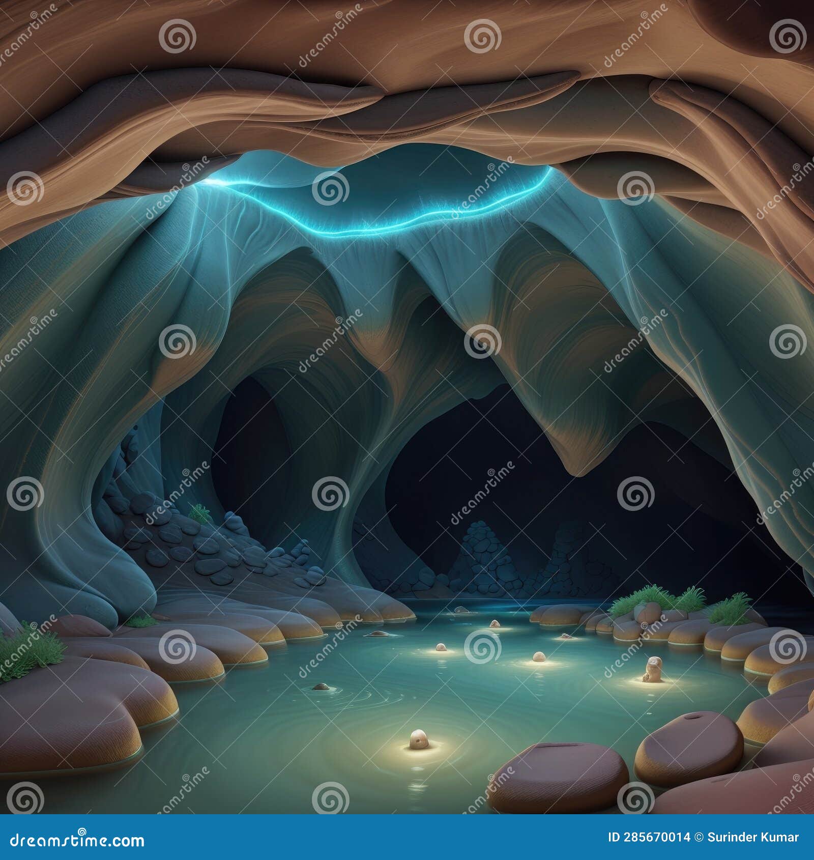 Fantasy Landscape with Dark Cave. 3D Rendering. Computer Digital ...