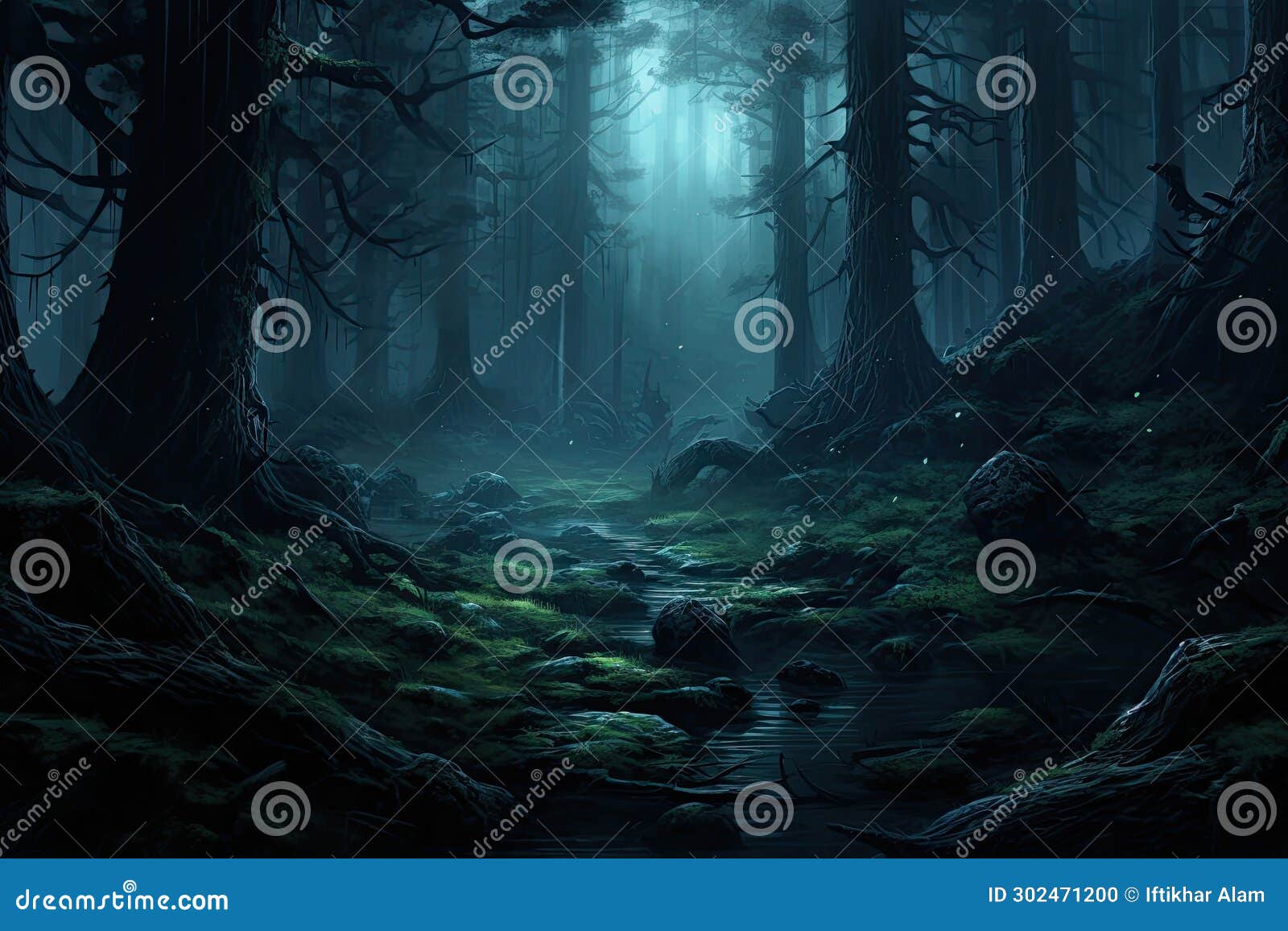 Fantasy Landscape with Dark Forest and Stream. 3d Rendering, AI ...