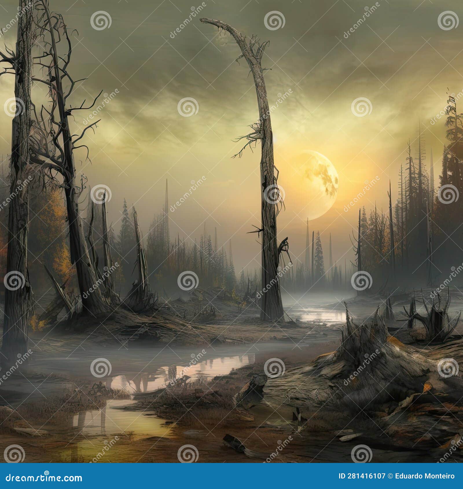 Fantasy Landscape with Dead Trees in the Forest - Digital Painting ...