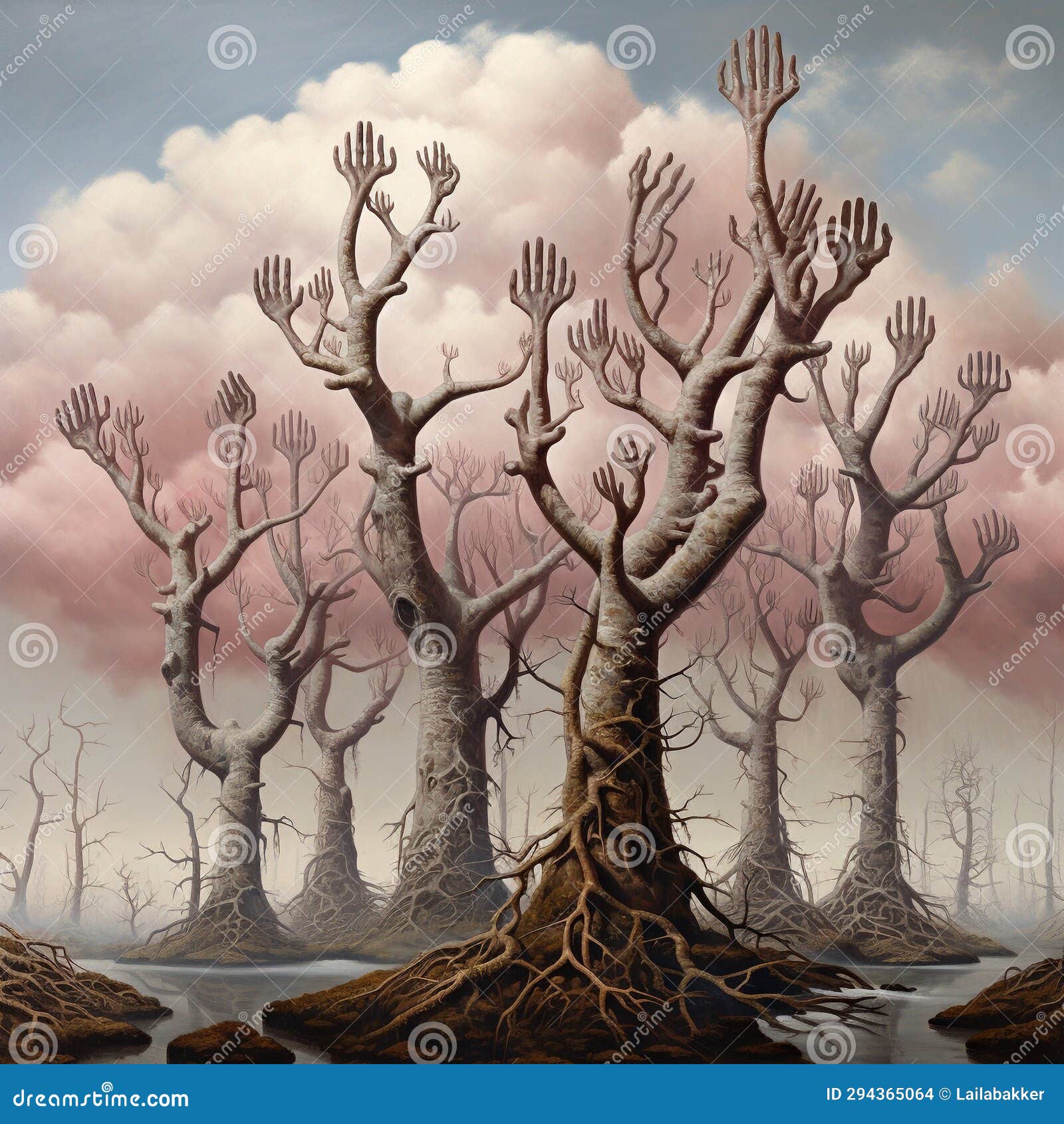 Fantasy Landscape with Dead Trees with Reaching Hands. 3D Rendering ...