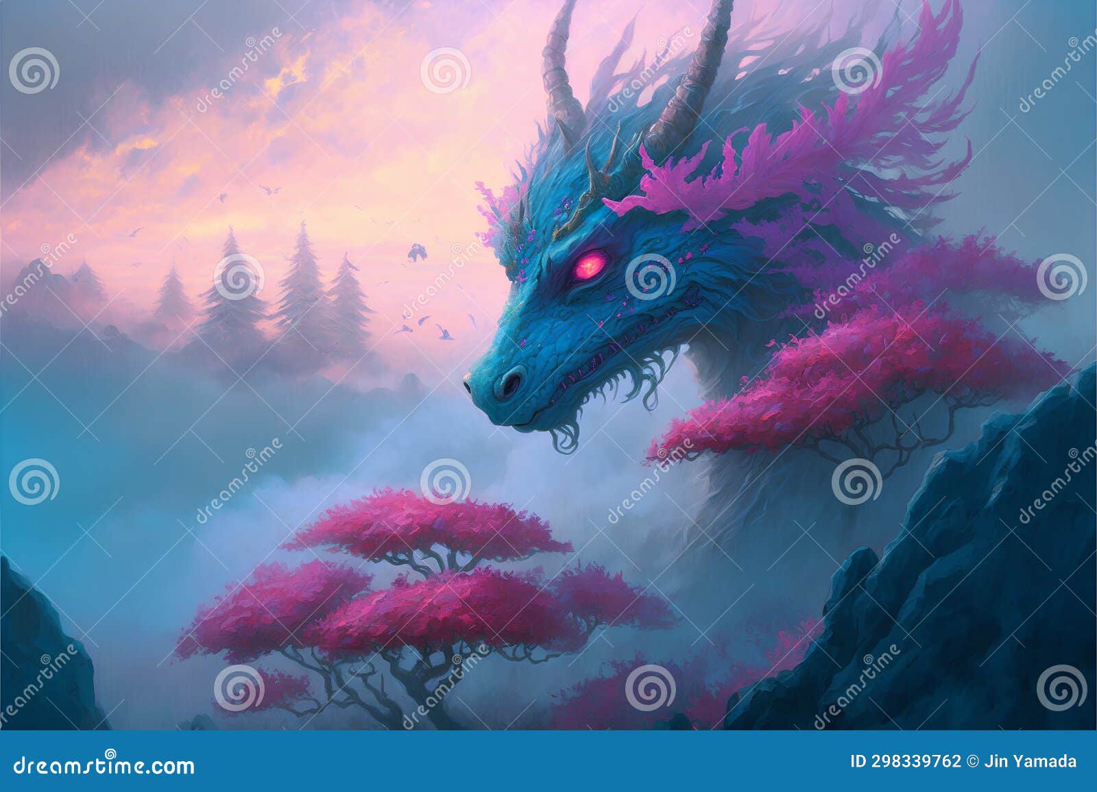 Fantasy Landscape with a Dragon and a Tree. Digital Painting Stock ...