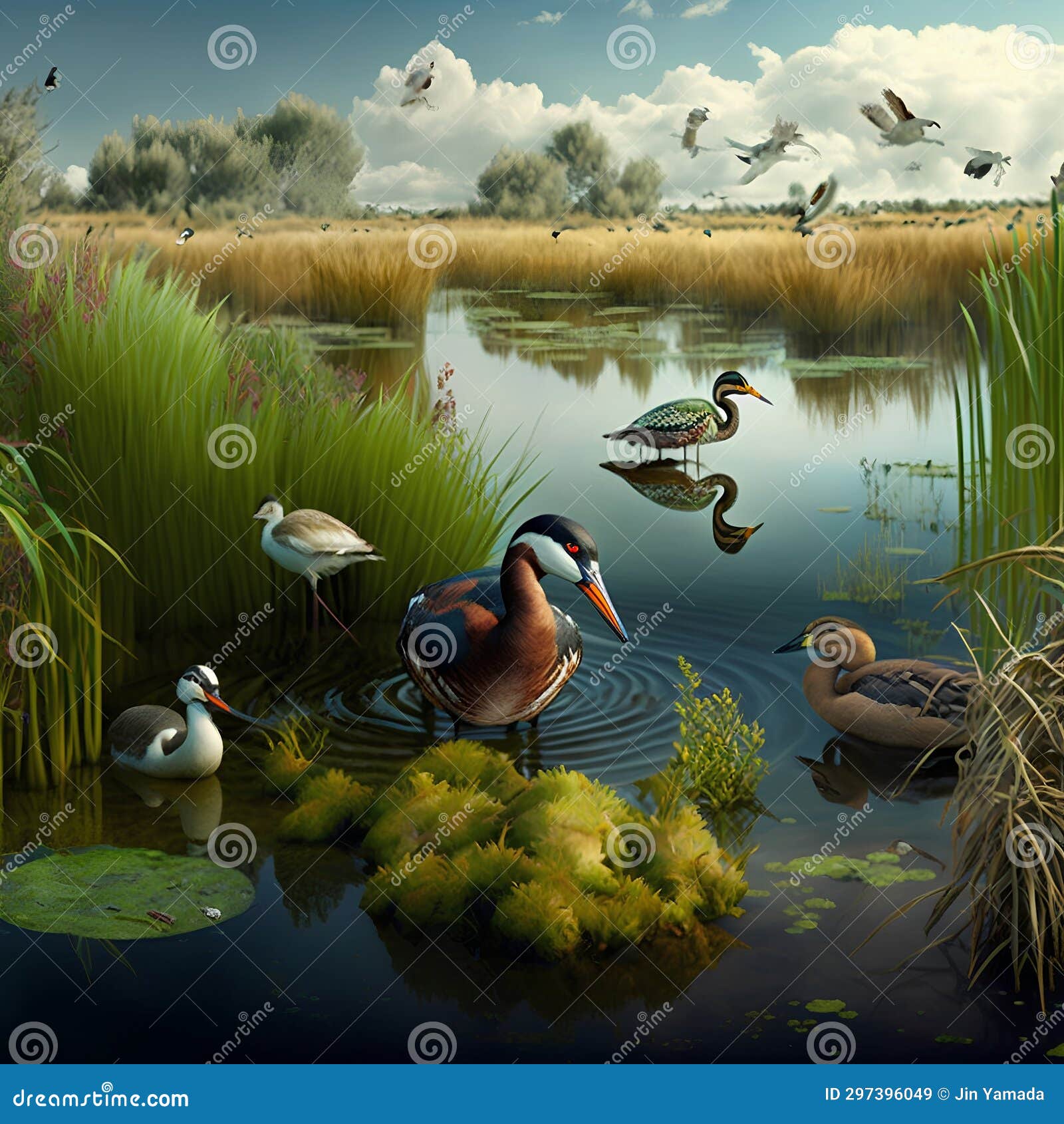 Fantasy Landscape with Ducks on a Pond. 3D Illustration Stock ...